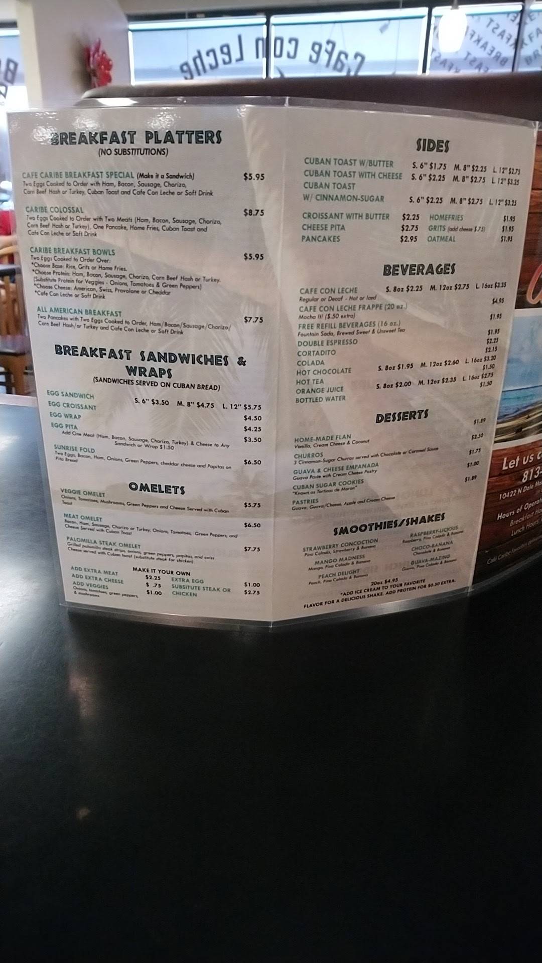 Menu at Cafe Caribe, Tampa, N Dale Mabry Hwy
