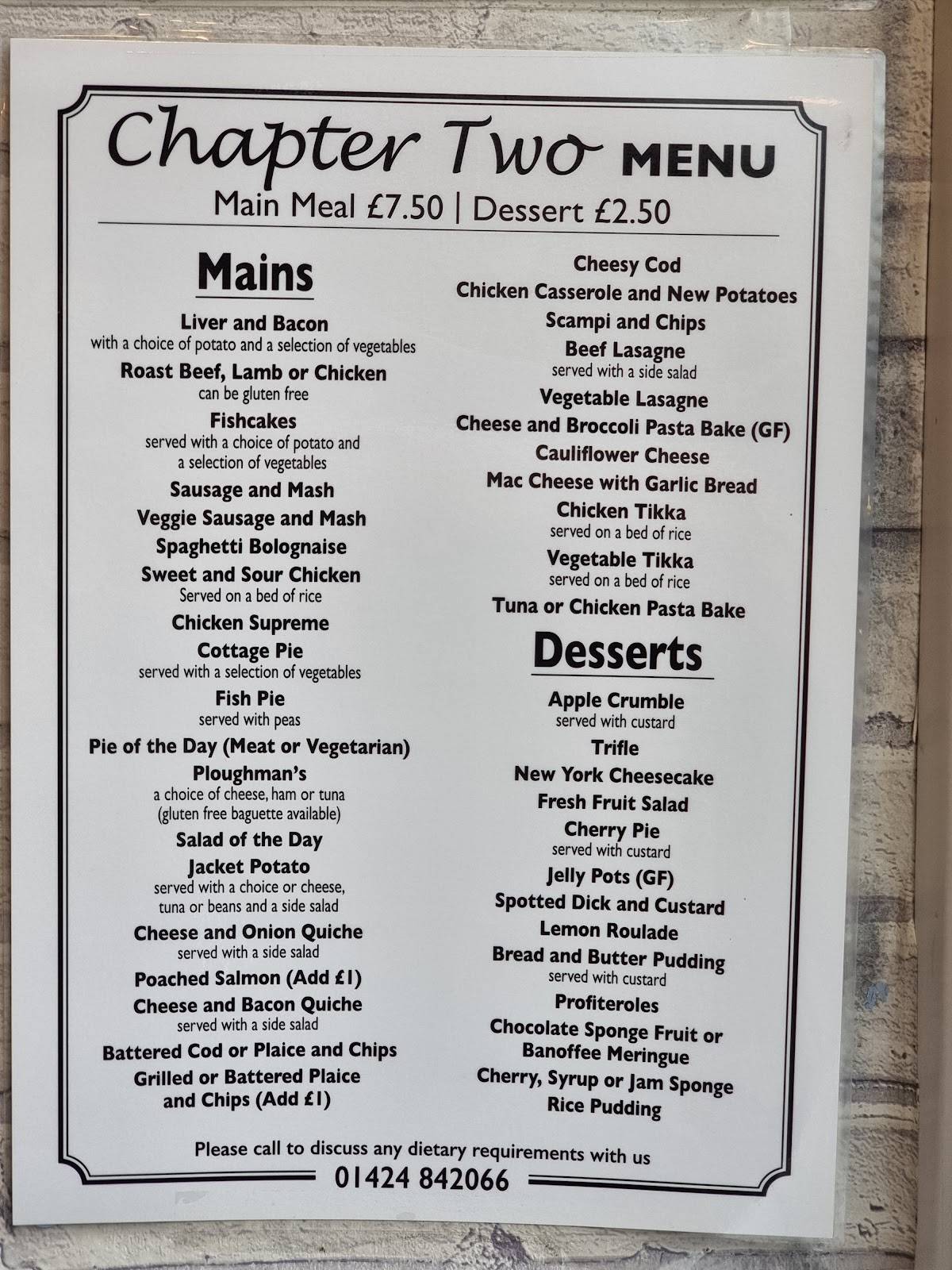 Menu at Chapter Two cafe, Bexhill