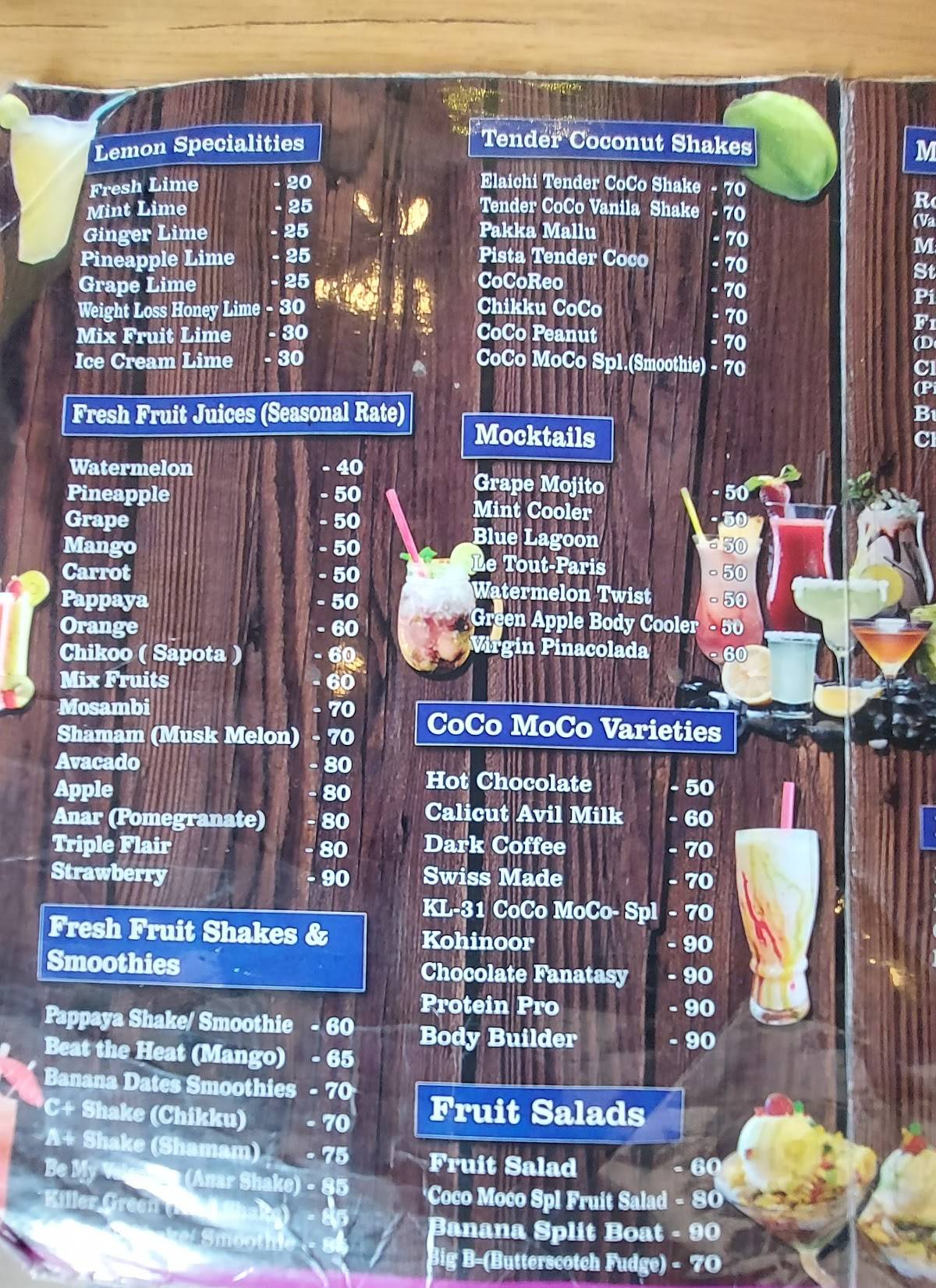 Menu at CoCo MoCo, Mavelikara