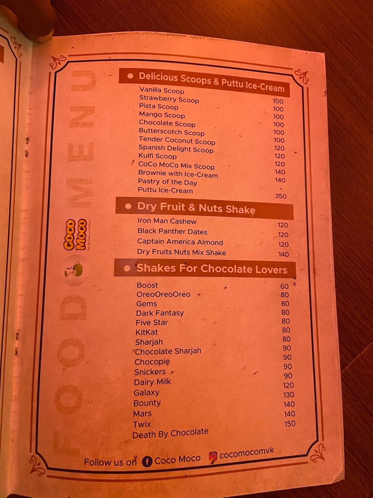 Menu at CoCo MoCo, Mavelikara