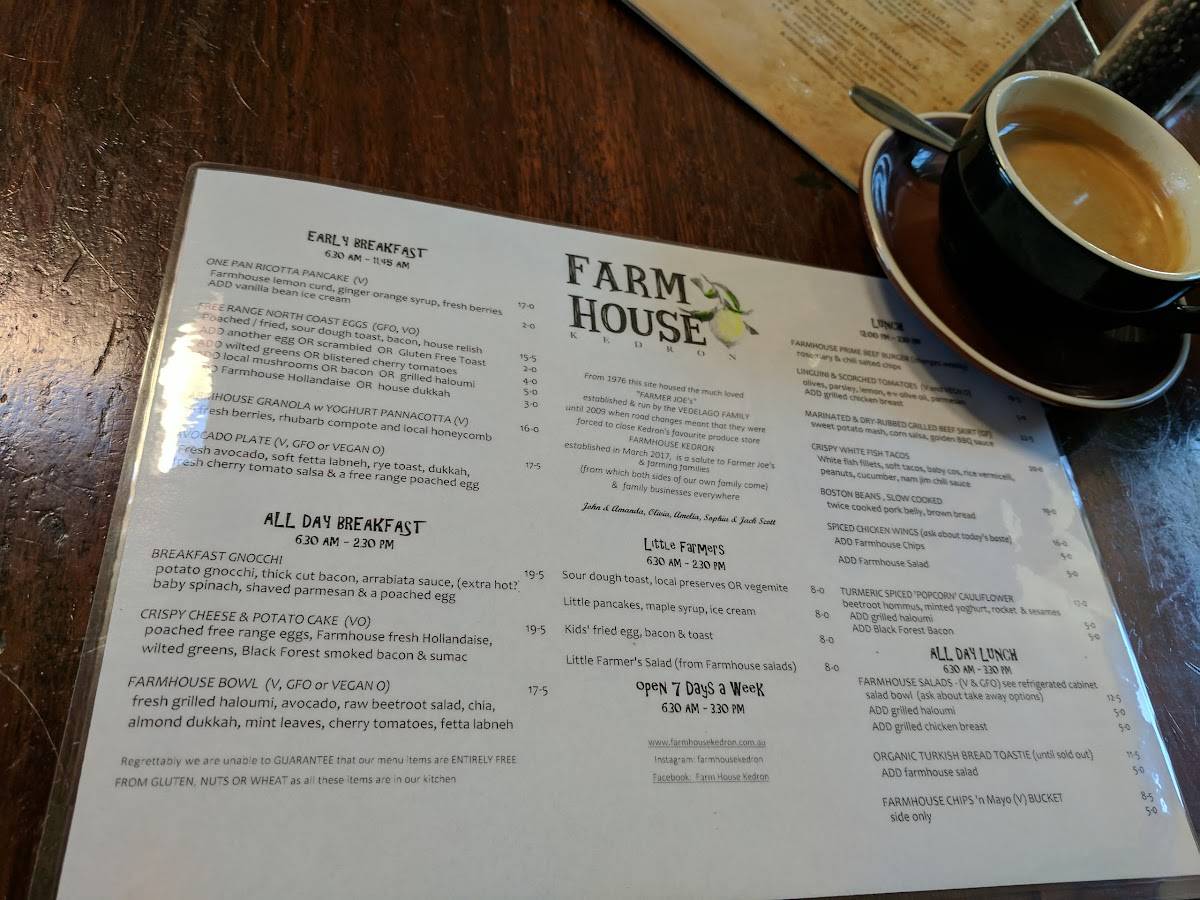 Menu at Farmhouse, Kedron Cafe, Kedron