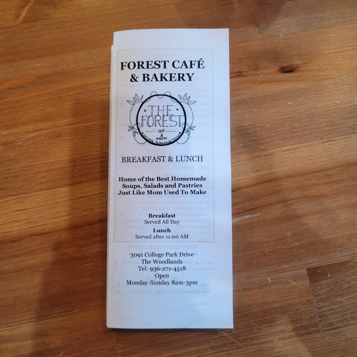 Menu at Forest Cafe & Bakery, The Woodlands