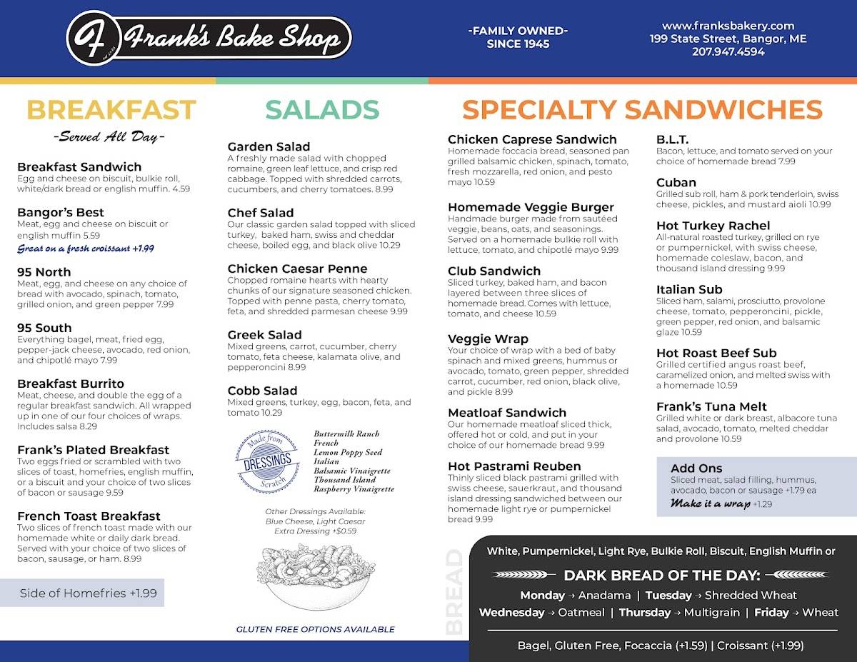 Menu at Frank's Bake Shop & Catering cafe, Bangor