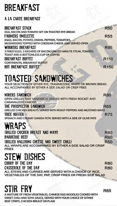 Menu at The Reef Hotel restaurant, Johannesburg