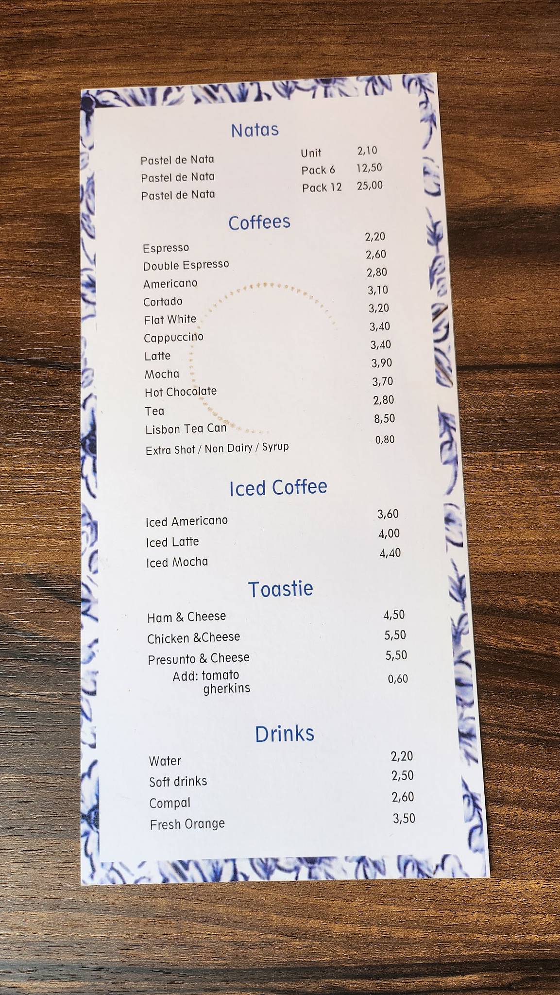 Menu at Café Lisboa cafe, Dublin