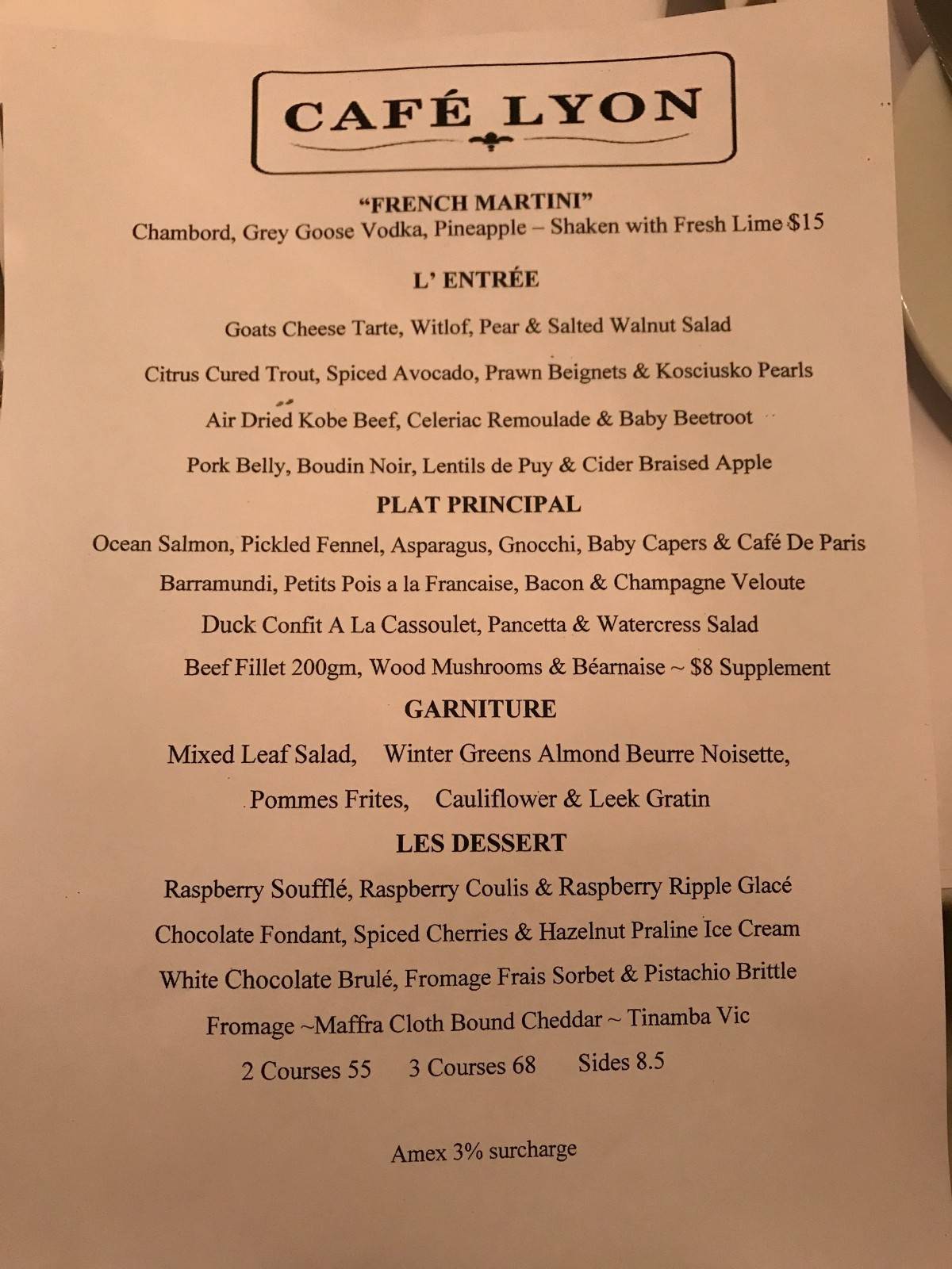 Menu at Café Lyon restaurant, Lindfield