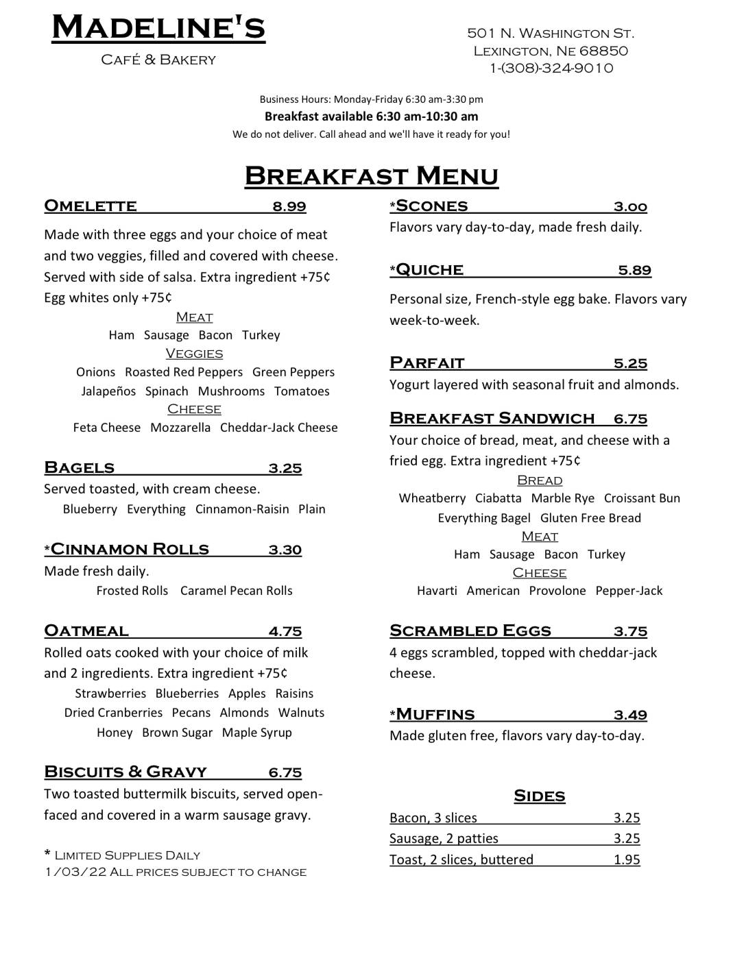 Menu at Madeline's Café & Bakery, Lexington