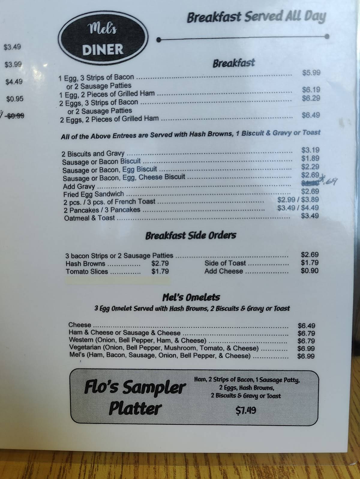 Menu at Mel's Diner cafe, Paducah