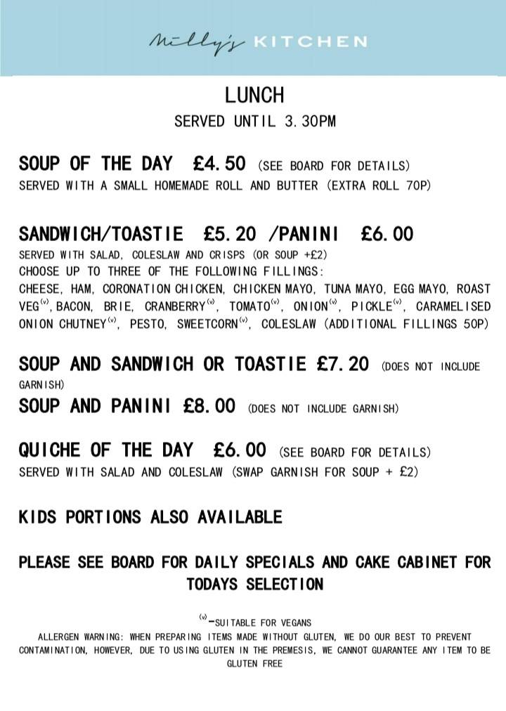 Menu at Milly's Kitchen cafe, Cupar, The Cross