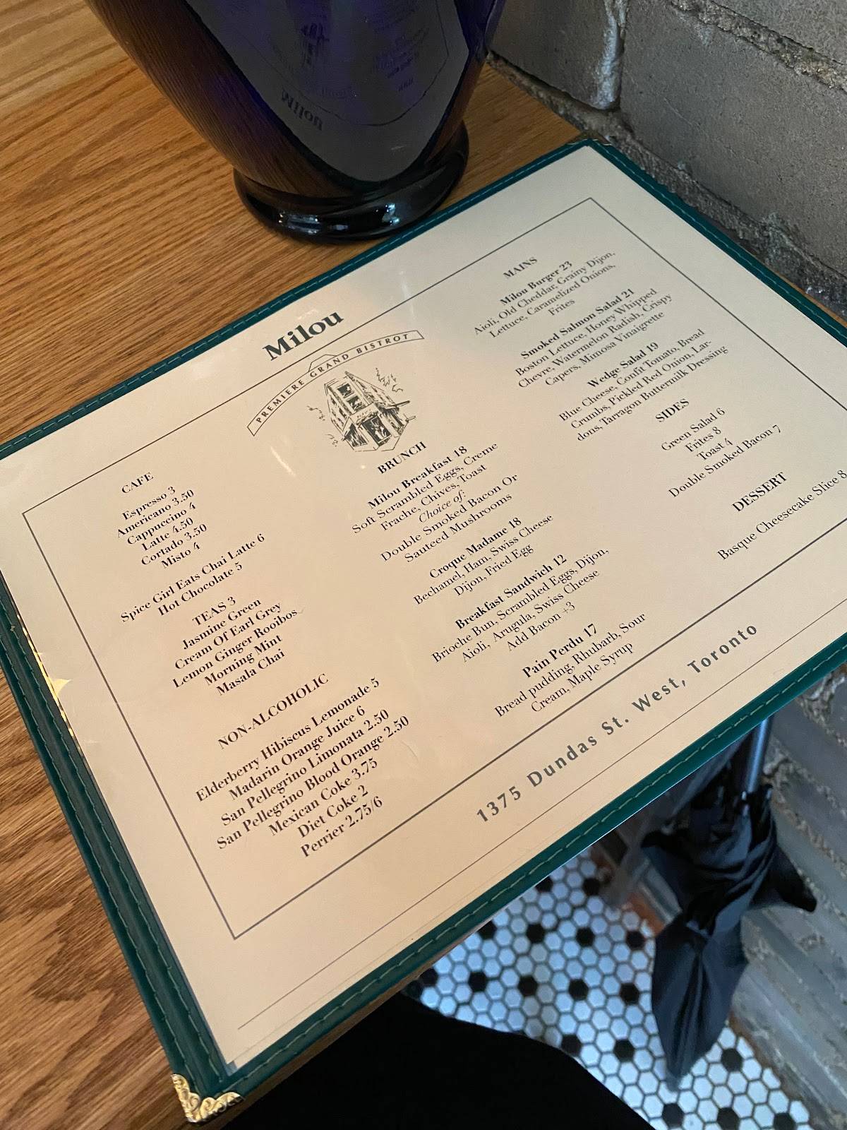 Menu at Milou cafe, Toronto