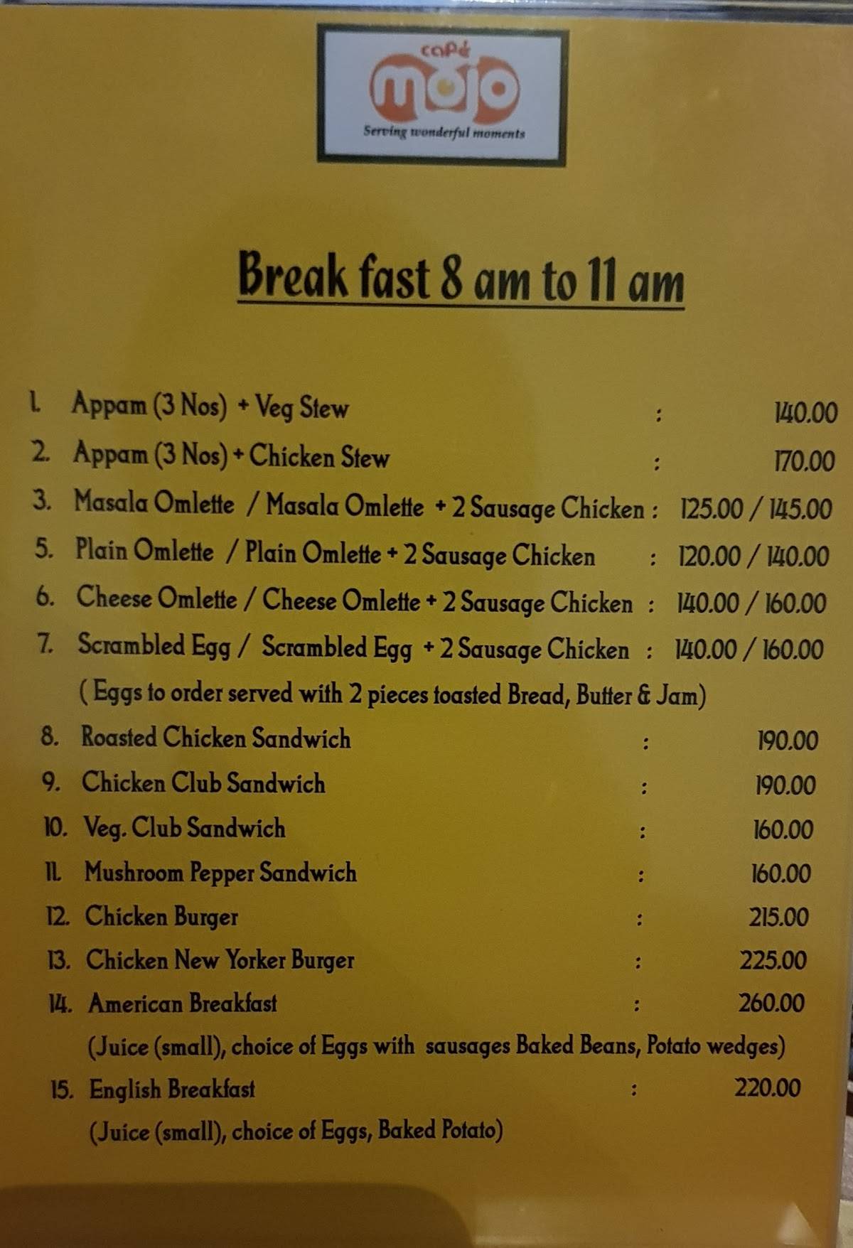 Menu at Café Mojo, Thiruvananthapuram