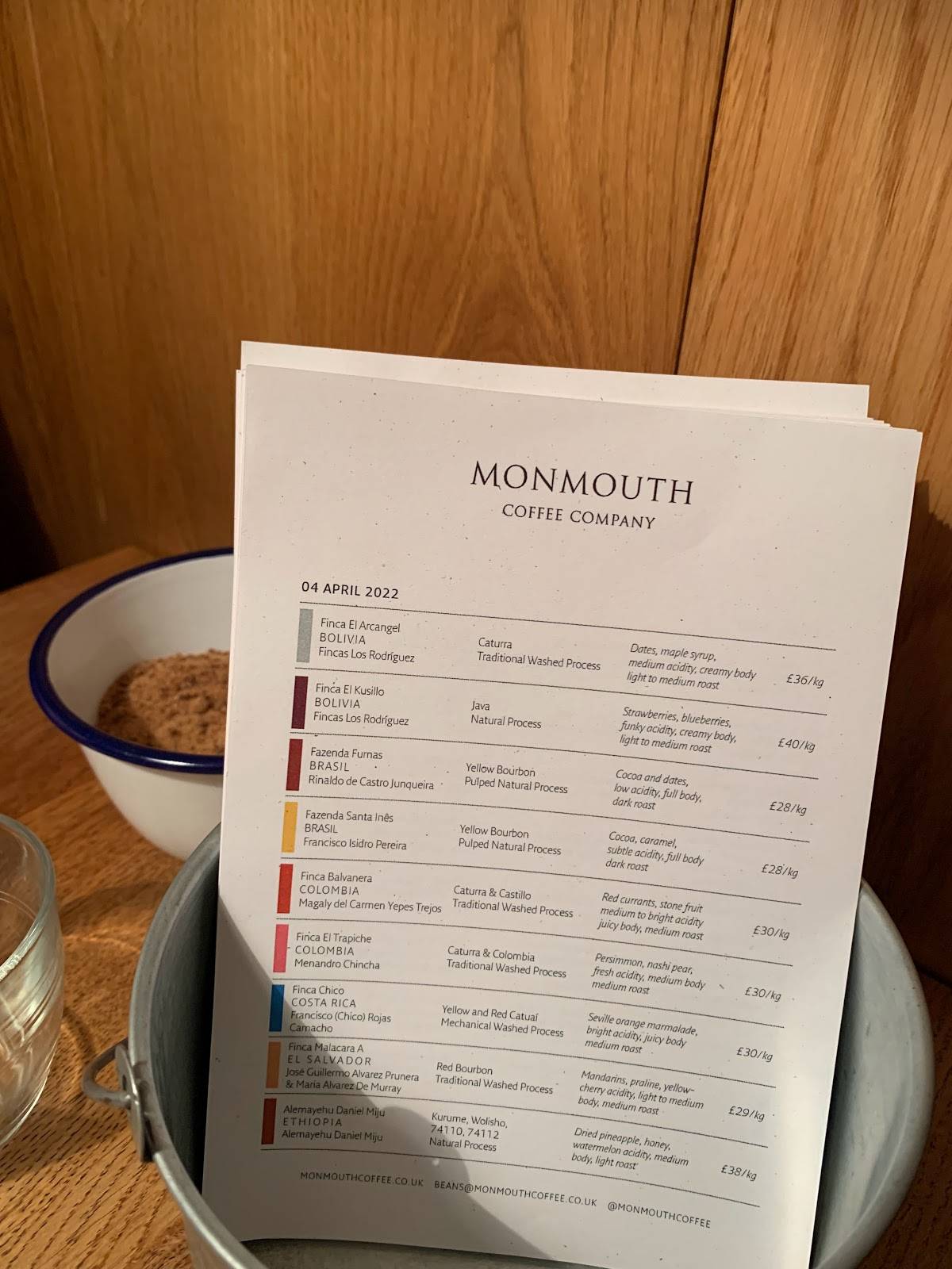 Menu at Monmouth Coffee Company cafe, London, 27 Monmouth St
