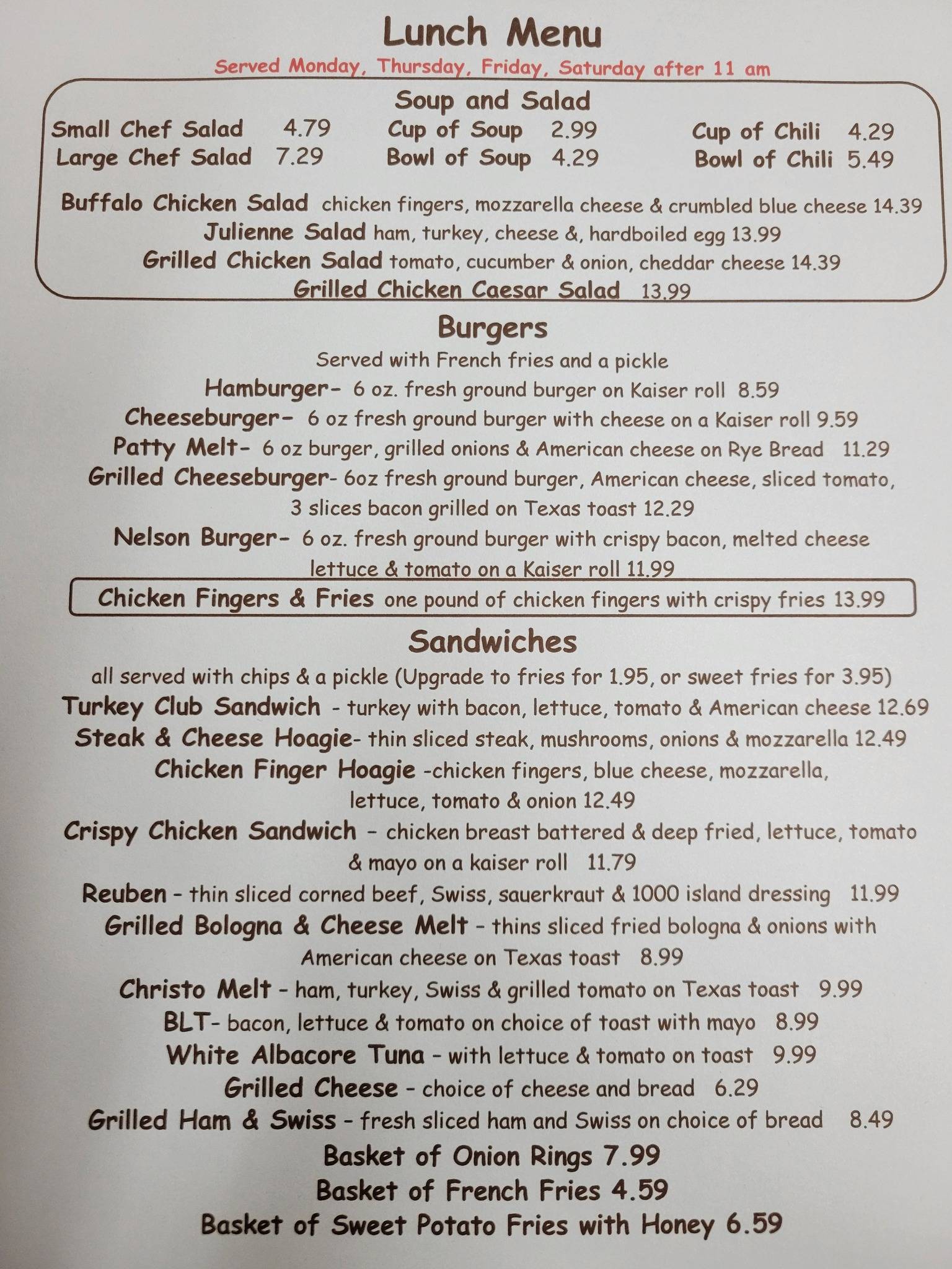 Menu at Nelsons Cafe, Niagara Falls