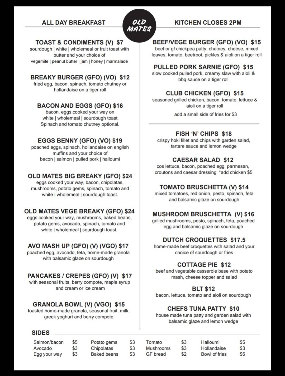 Menu at Old Mates Cafe, Kalamunda