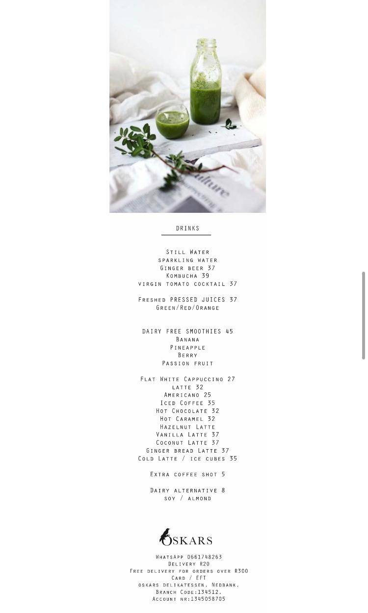 Menu at Oskars Delikatessen cafe, Hermanus