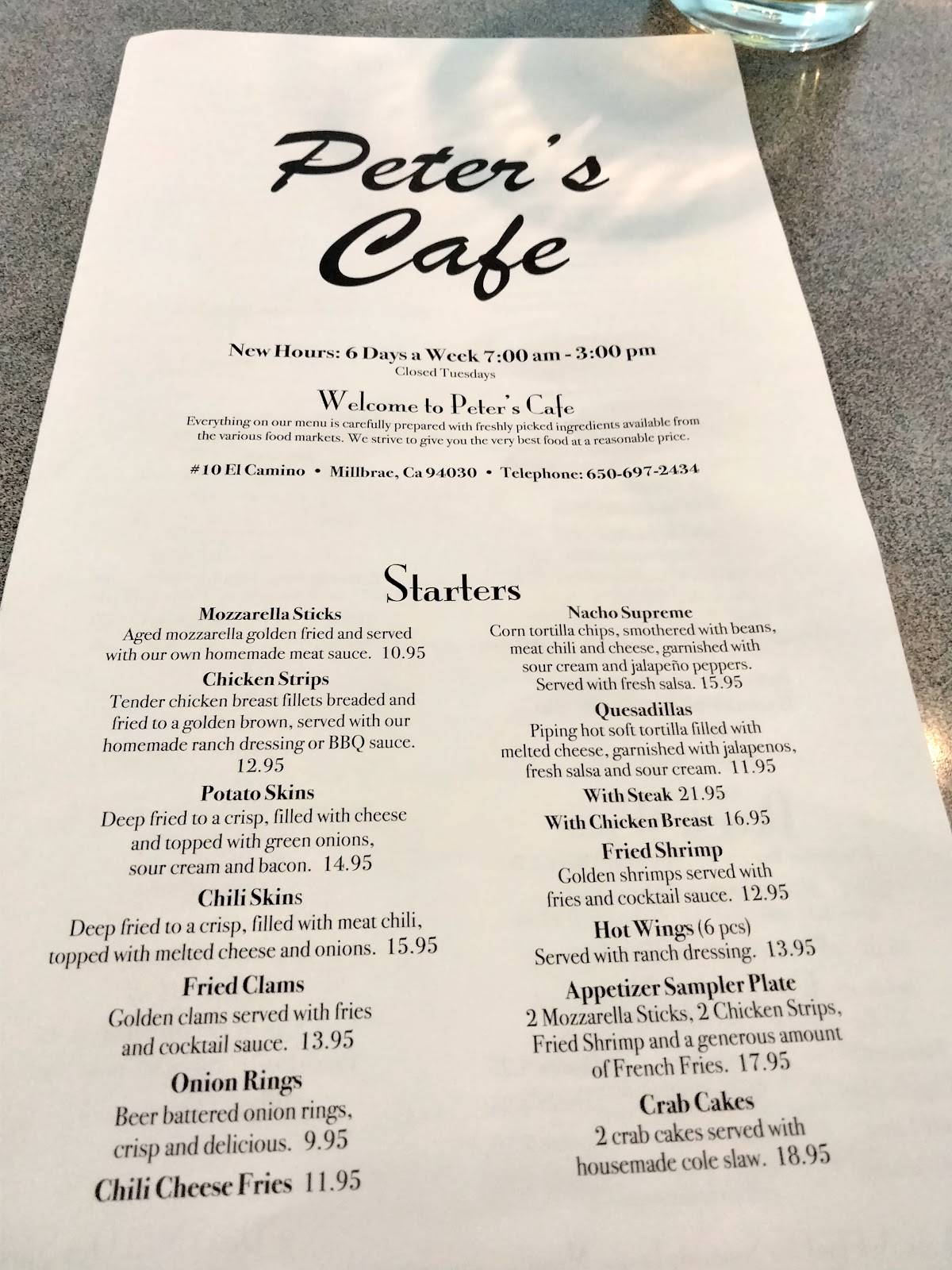 Menu at Peter's Cafe, Millbrae