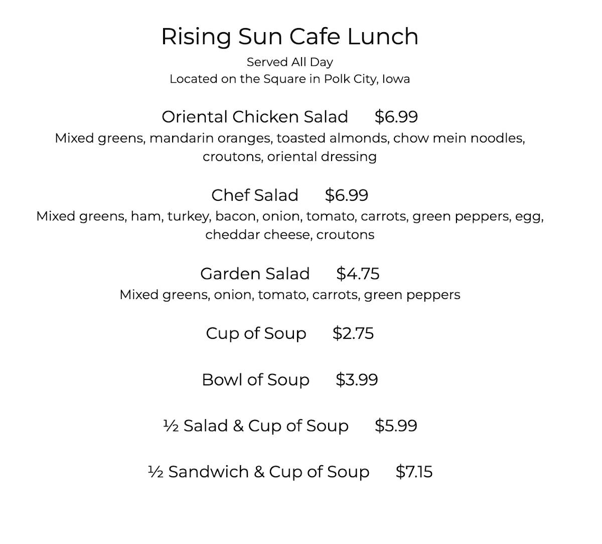 Menu at Rising Sun Cafe, Polk City