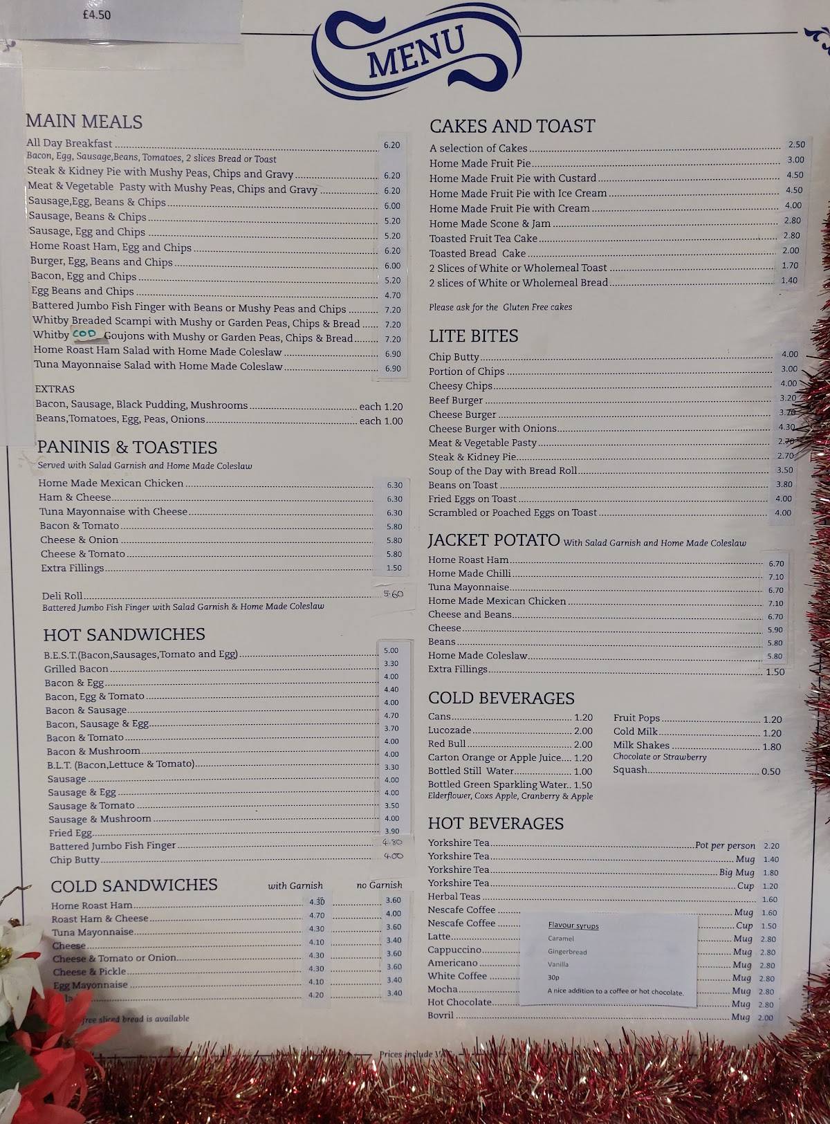 Menu at Seaways Cafe, Fridaythorpe, Fimber Road
