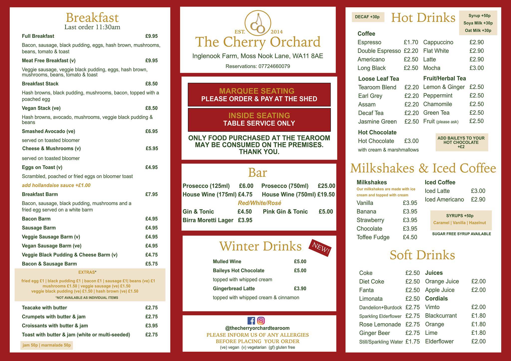 Menu at The Cherry Orchard cafe, St Helens