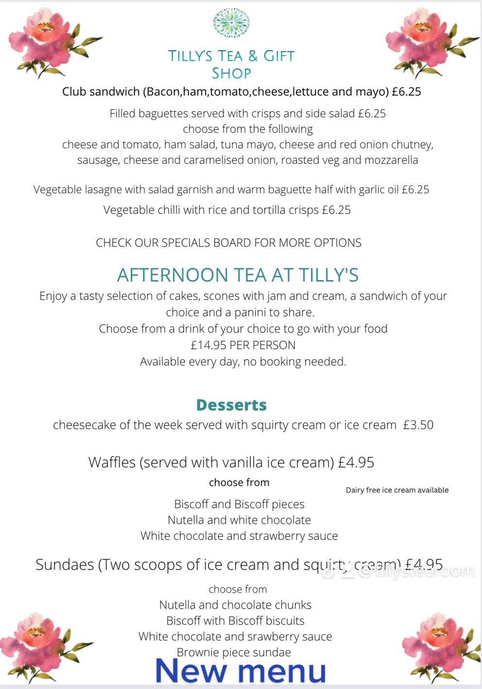 Menu at Tilly's Tea & Gift Shop cafe, Metheringham