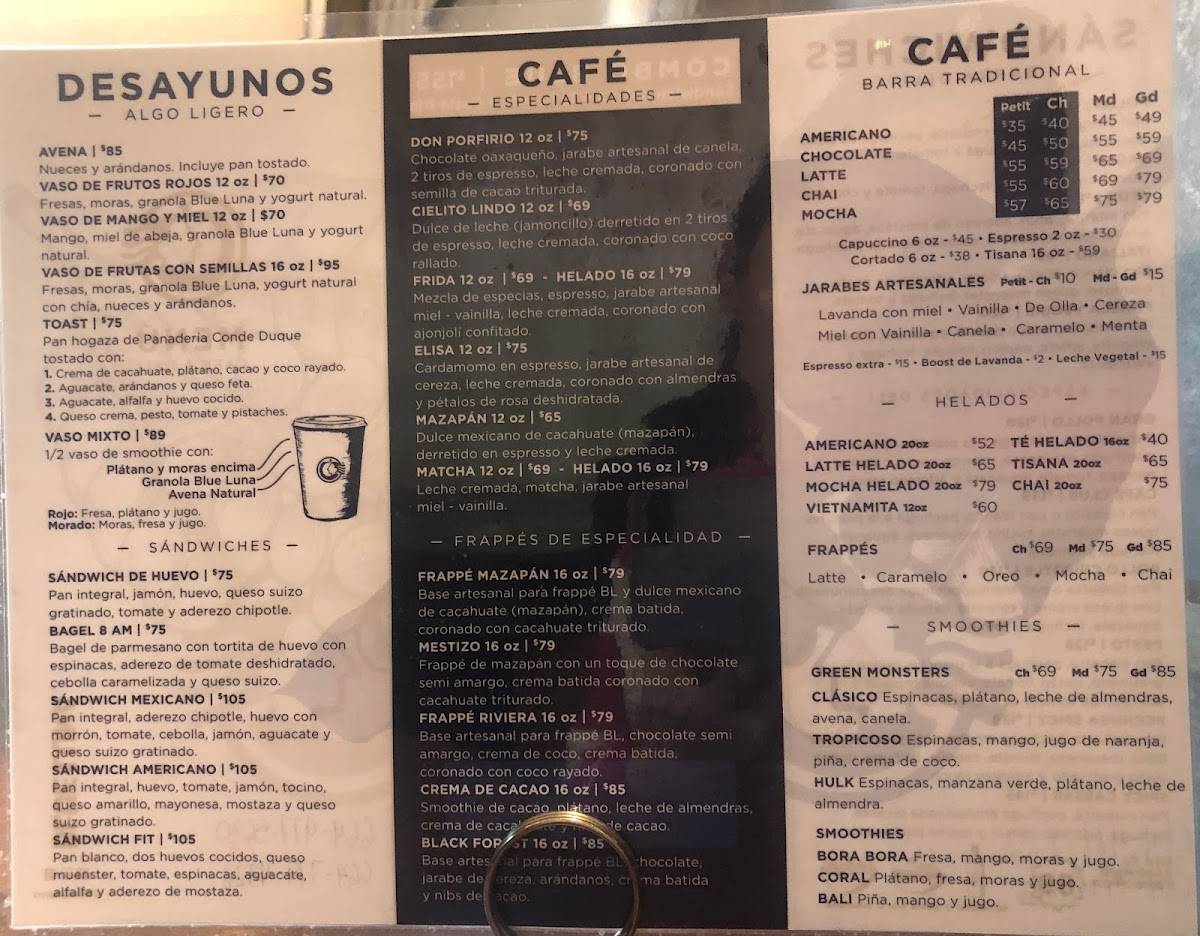 Carta de cafetería Blue Luna Santa Fe, Tijuana