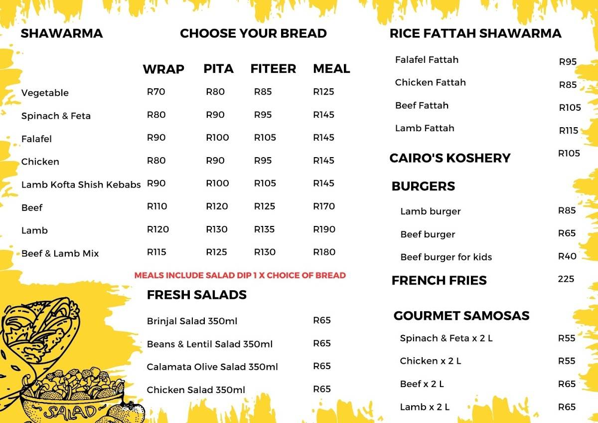 Menu at Cairo Kitchen restaurant, Pretoria, Castle Gate Cres