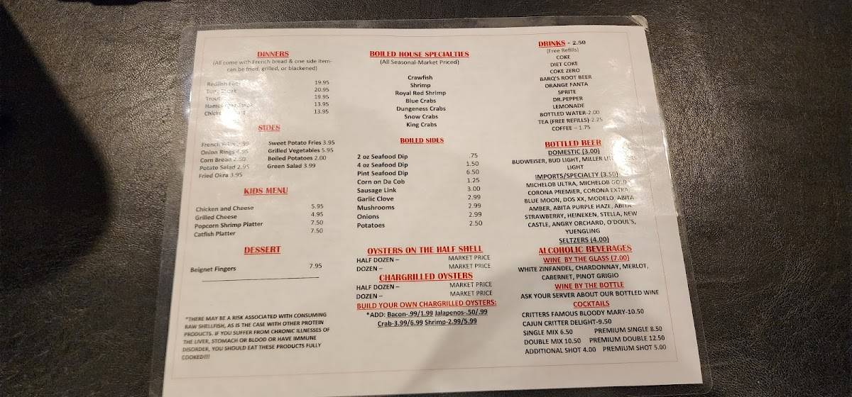 Menu at Cajun Critters restaurant, Houma, Alma St