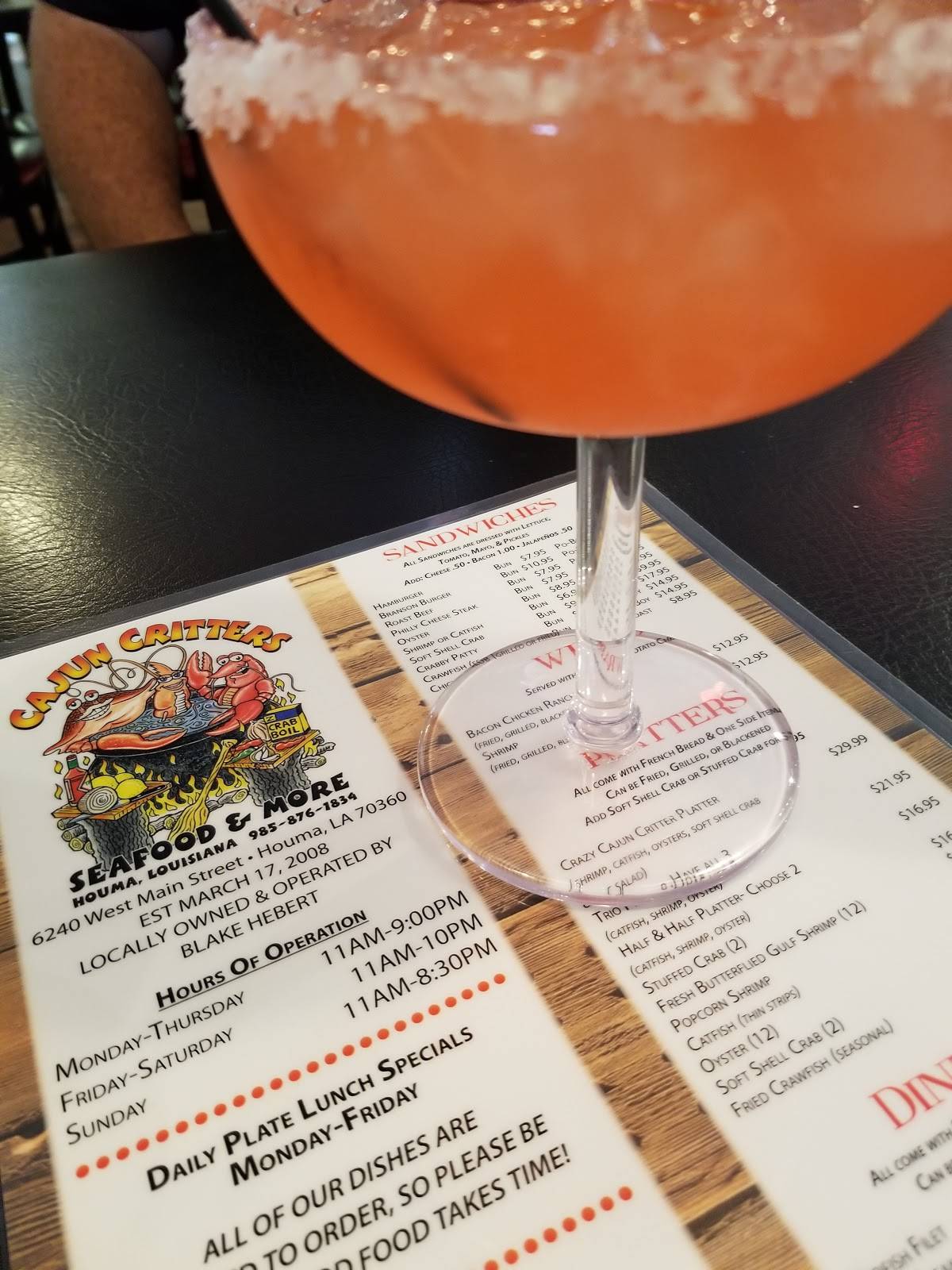 Menu at Cajun Critters restaurant, Houma, Alma St