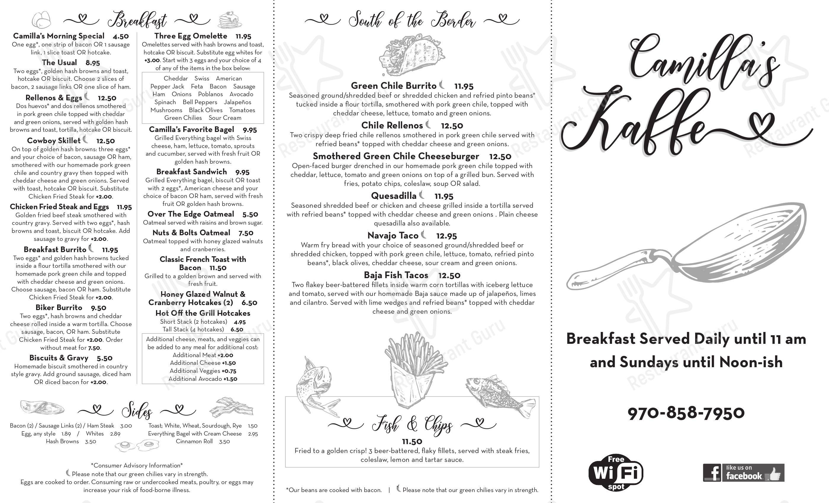 Menu at Camilla's Kaffe restaurant, Fruita