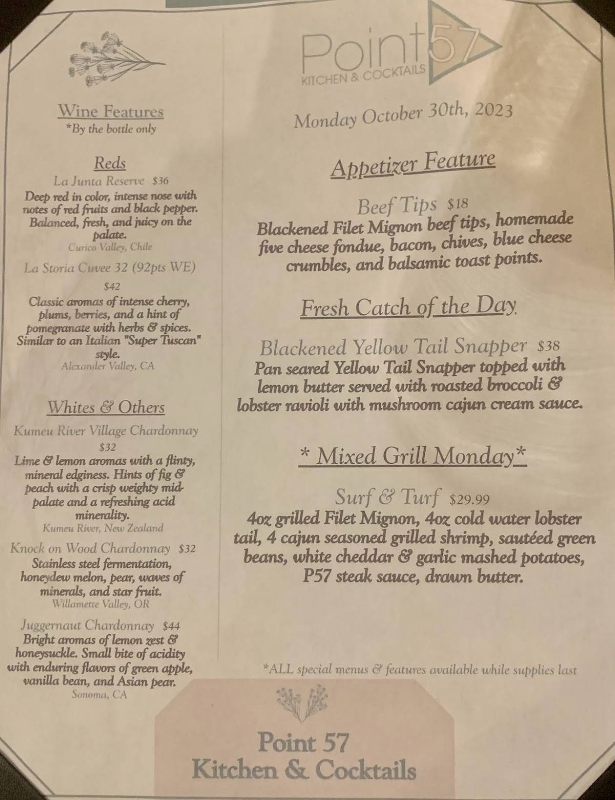 Menu at Point 57 Kitchen & Cocktails restaurant, Cape Coral