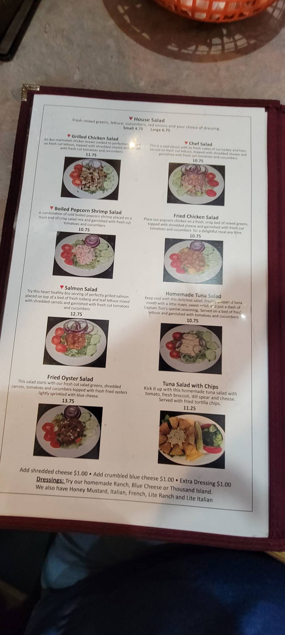 Menu at Captain Tom's Seafood restaurant, Martinsville
