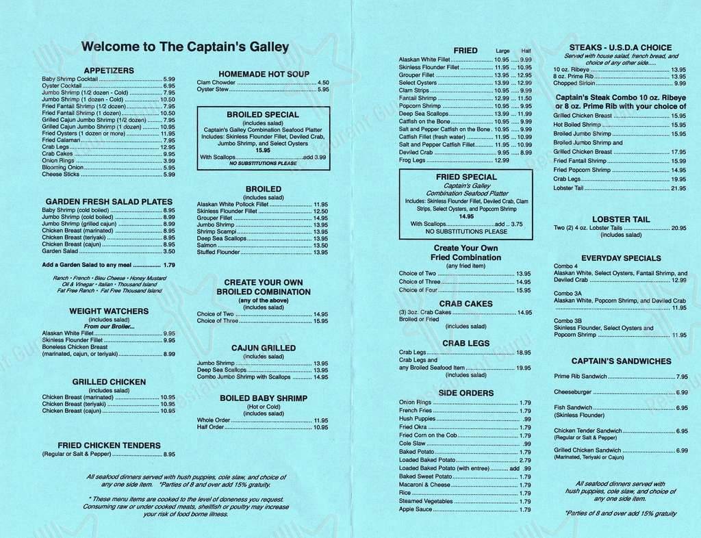 Menu at Captain's Galley restaurant, Dandridge