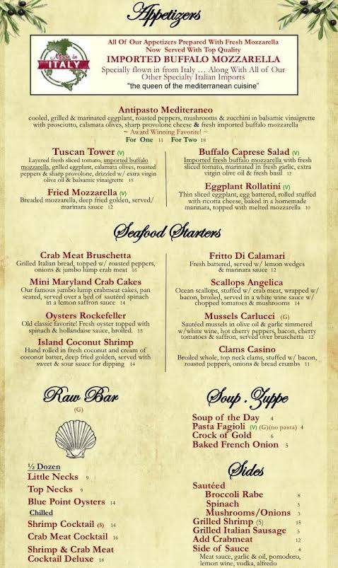 Menu at Carlucci's Waterfront steakhouse, Mount Laurel, 876 Centerton Rd
