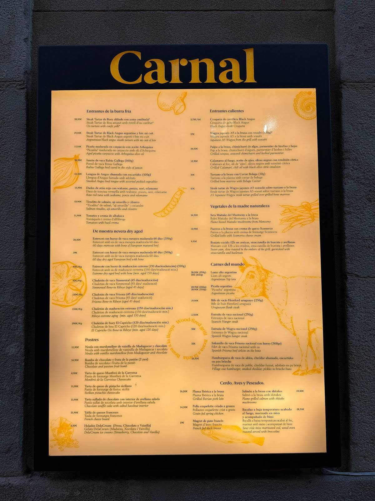 Carta del restaurante Wild Carnal Steak House, Barcelona