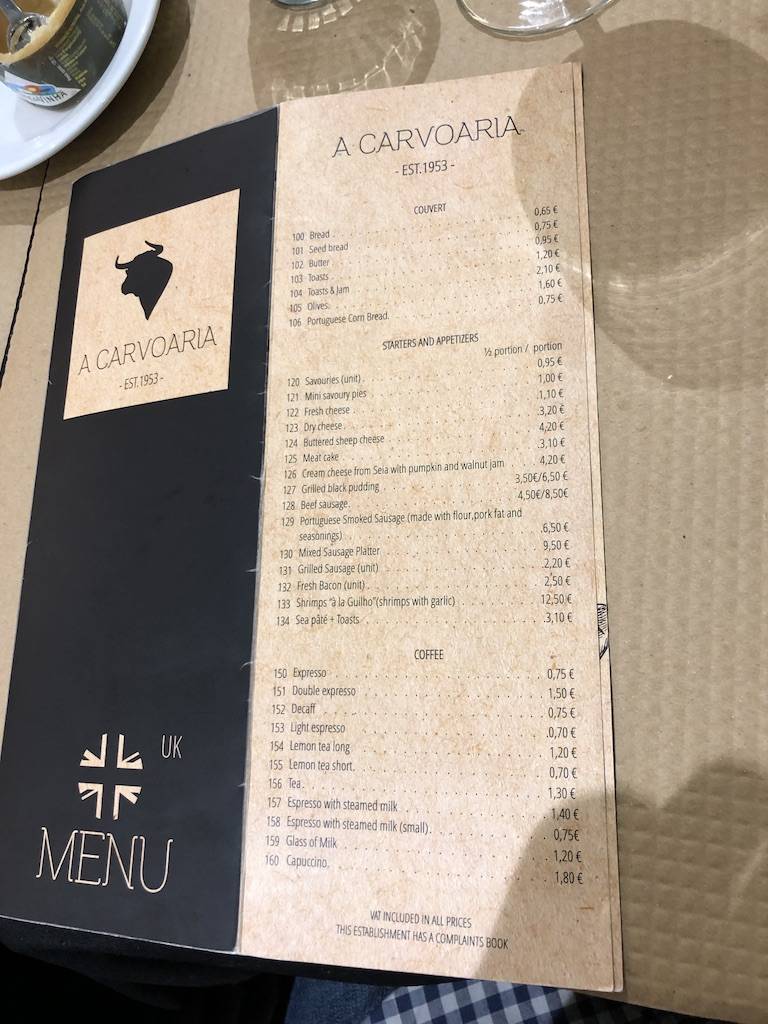 Menu at A Carvoaria restaurant, Lisbon, R. Maria Andrade 6A
