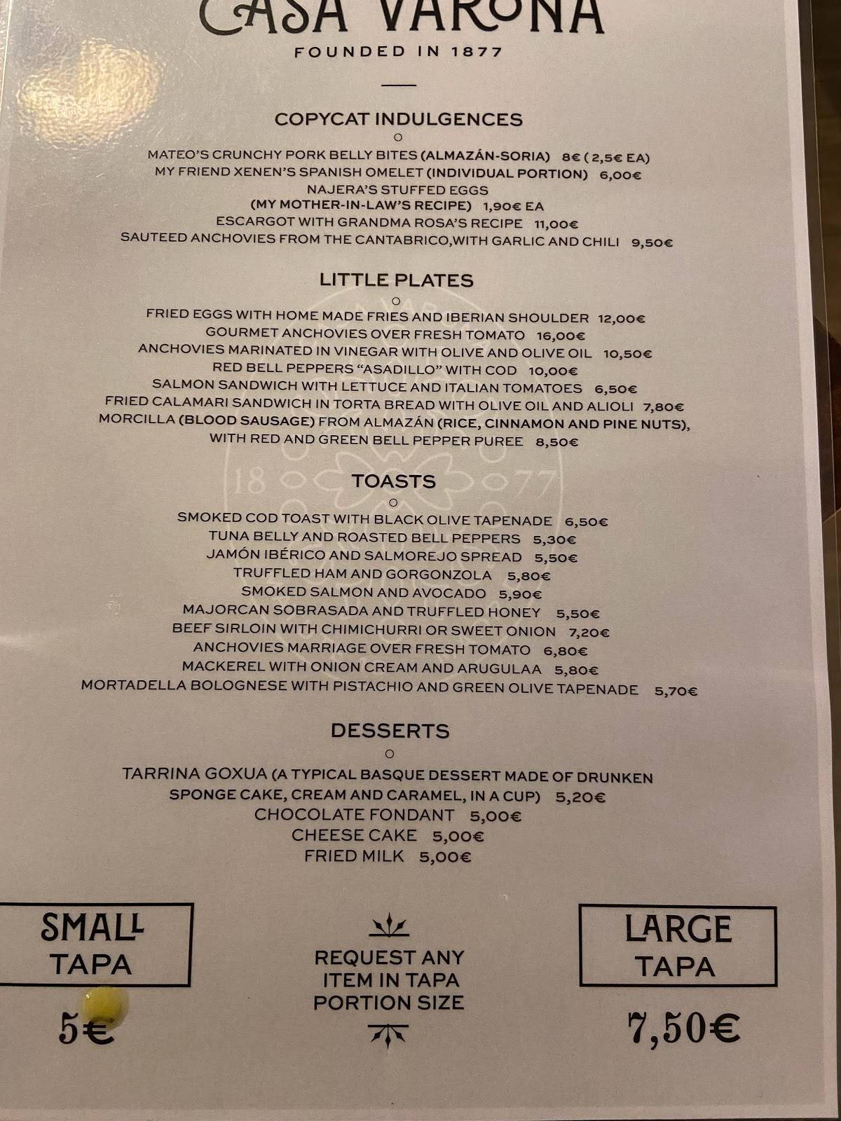Carta del restaurante Casa Varona, Madrid, Pl. del Matute
