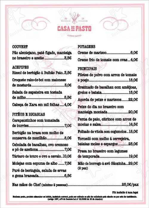 Menu em Casa de Pasto restaurante, Lisboa, Rua de São Paulo