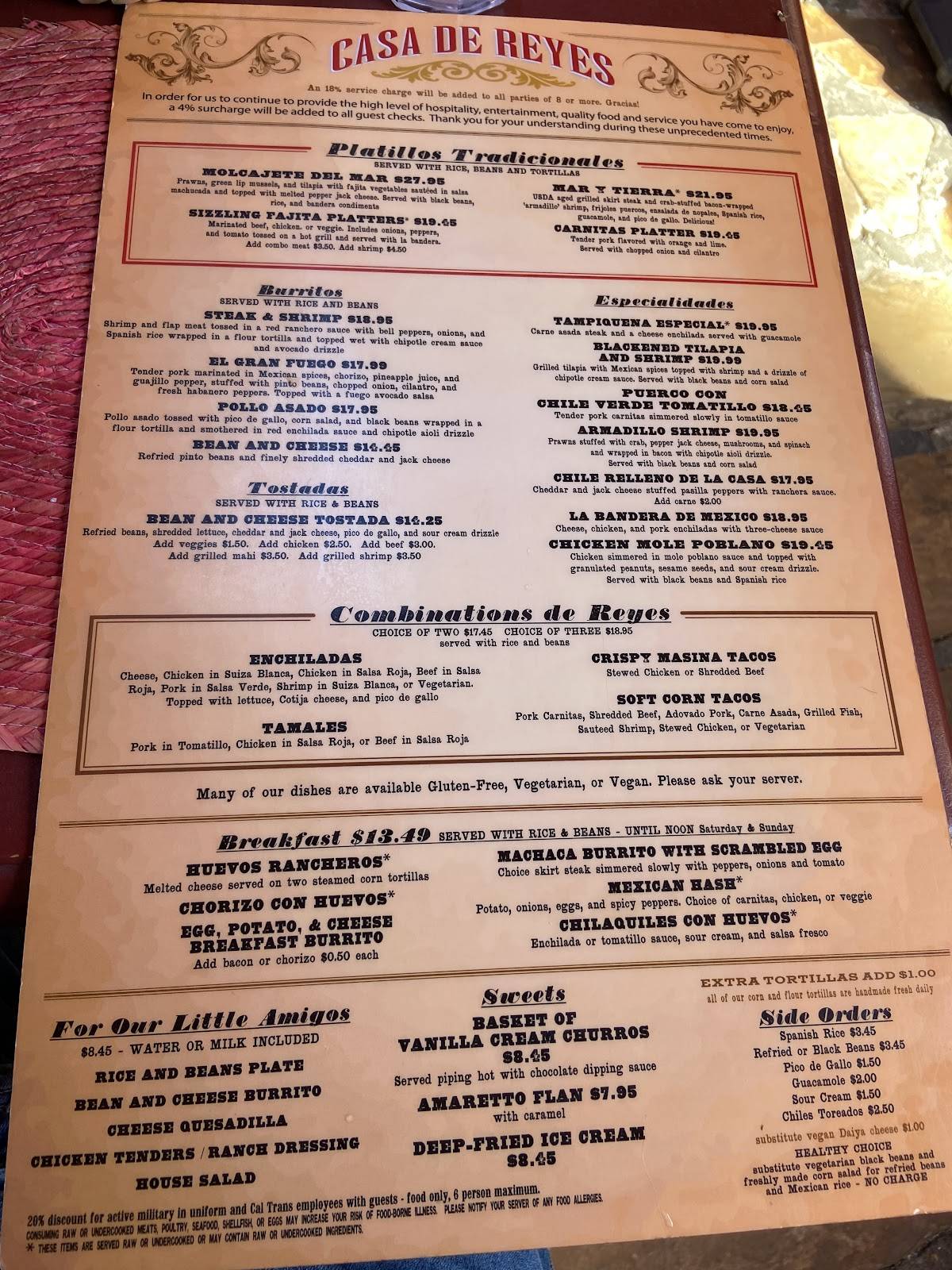Menu at Casa de Reyes restaurant, San Diego, Calhoun St