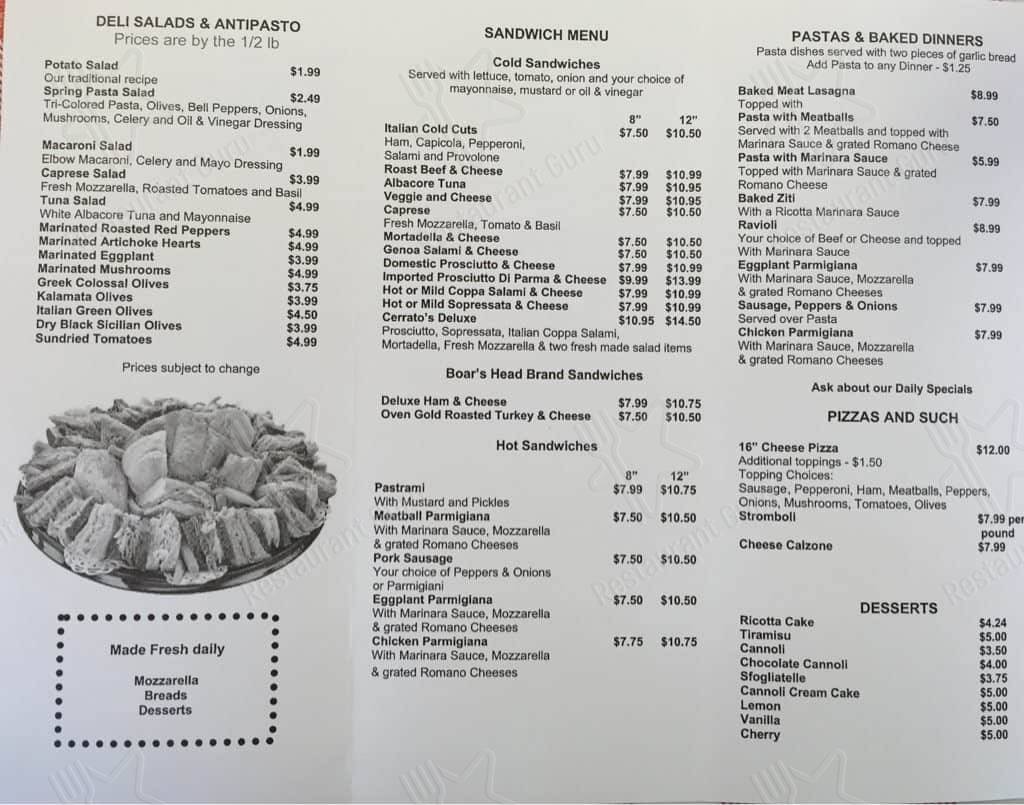Menu at Cerrato's Italian Market restaurant, Melbourne, 908 W New Haven Ave