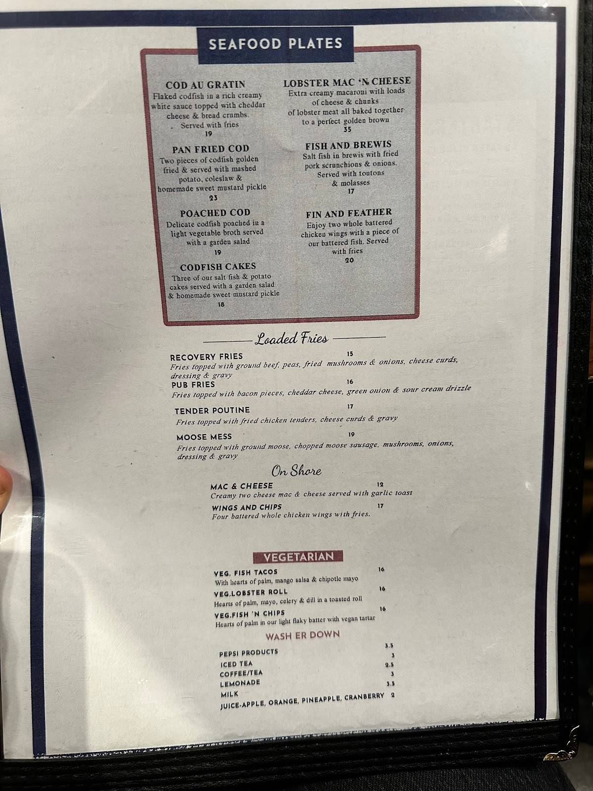 Menu at Chafe's Landing Restaurant, Petty Harbour-Maddox Cove