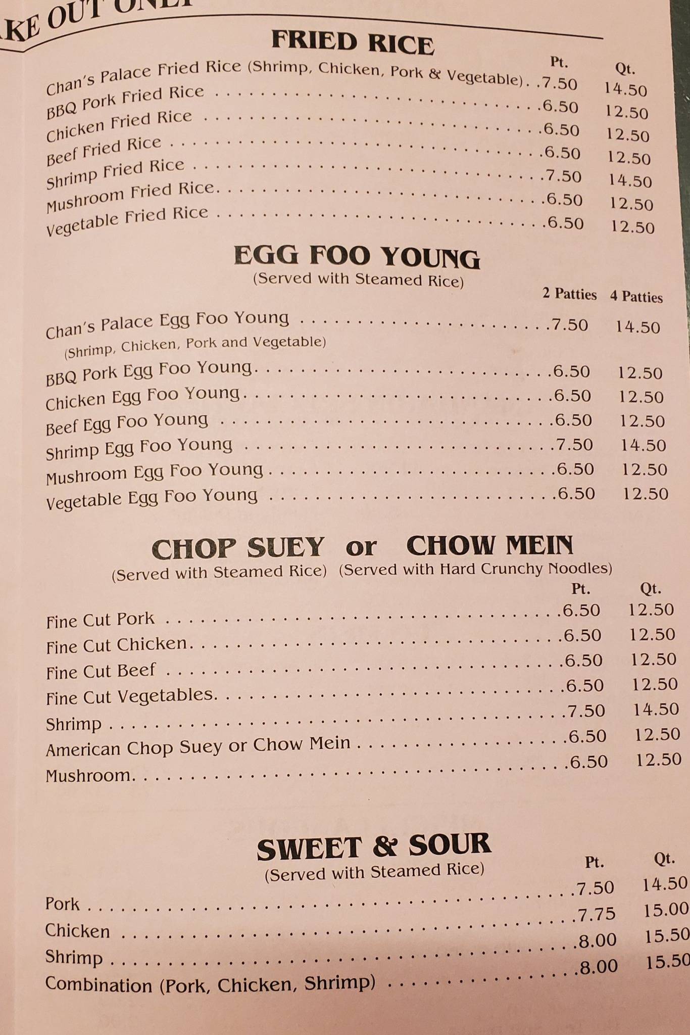 Menu at Chan's Palace restaurant, Paw Paw