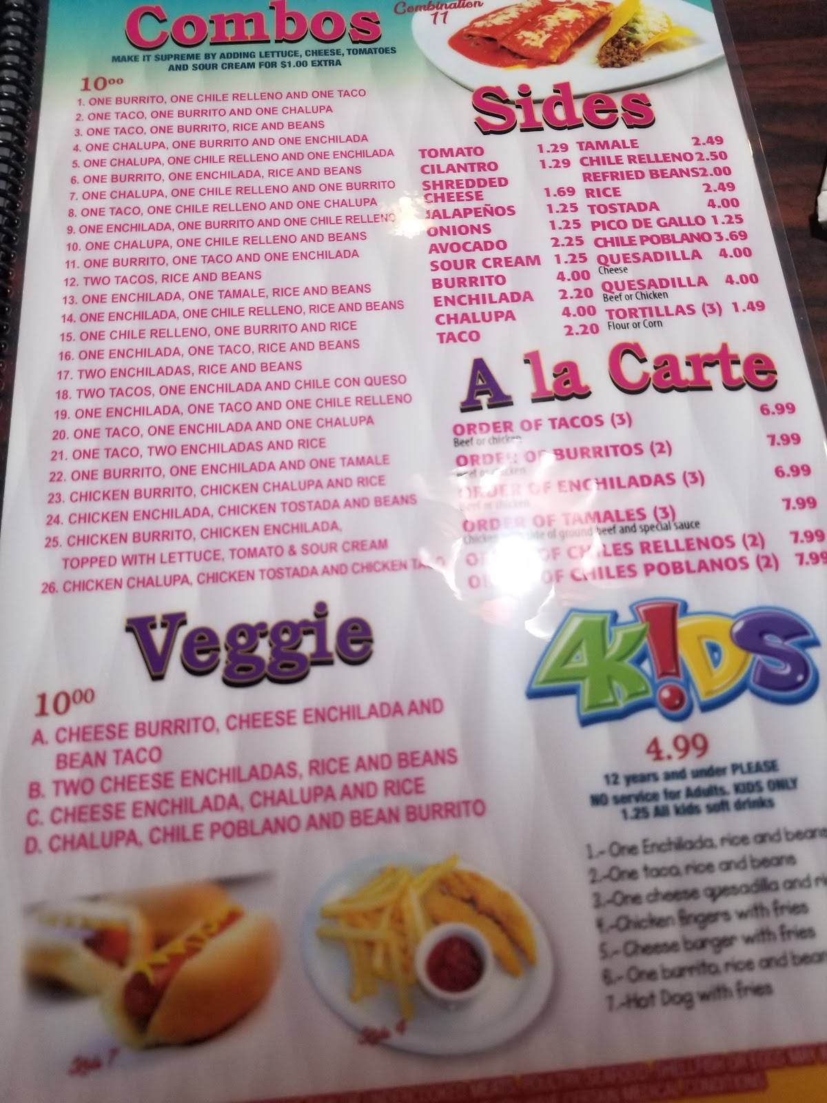 Menu at Sierra's restaurant, Chatsworth