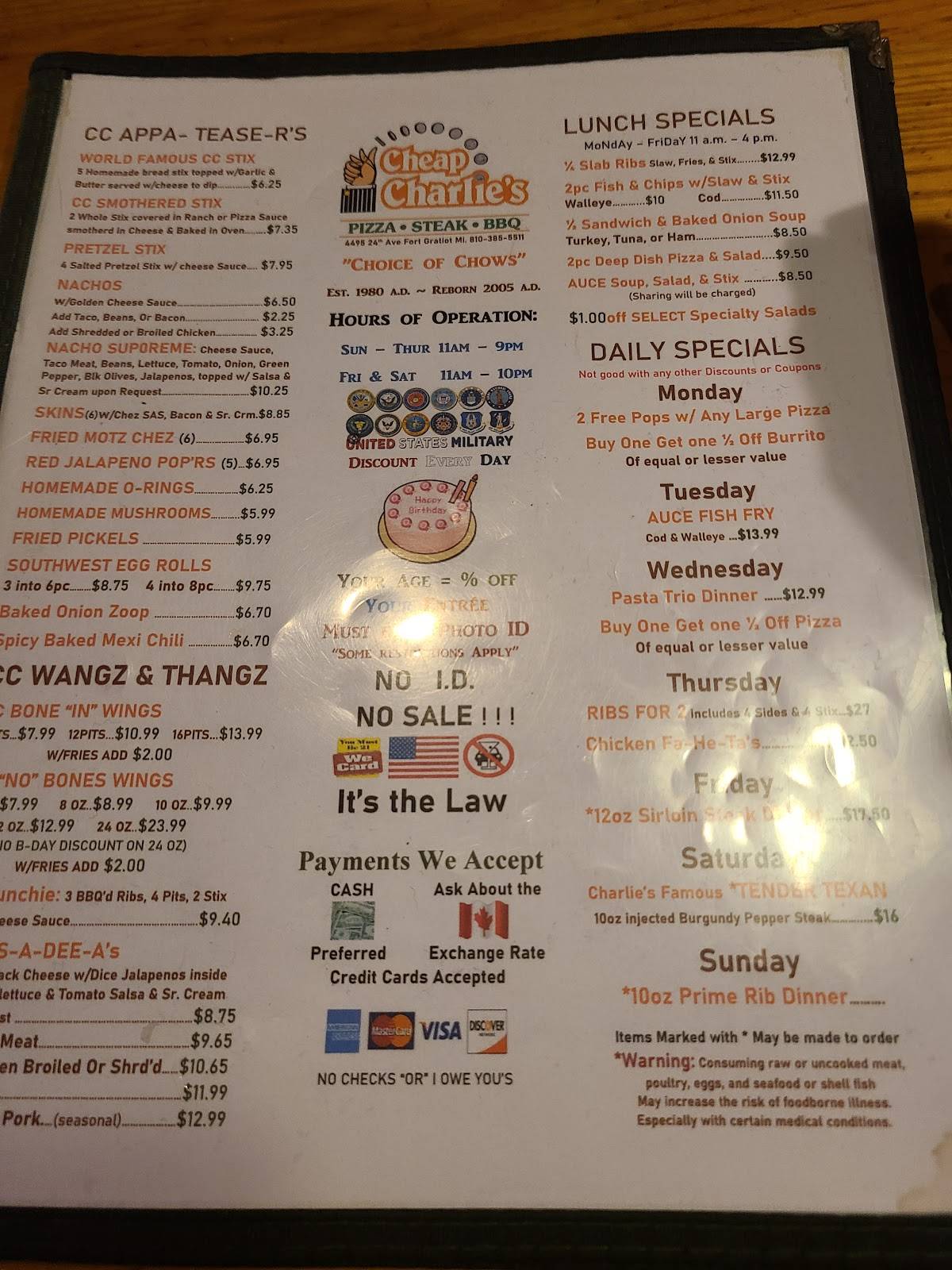 Menu at Cheap Charlie's steakhouse, Fort Gratiot Township