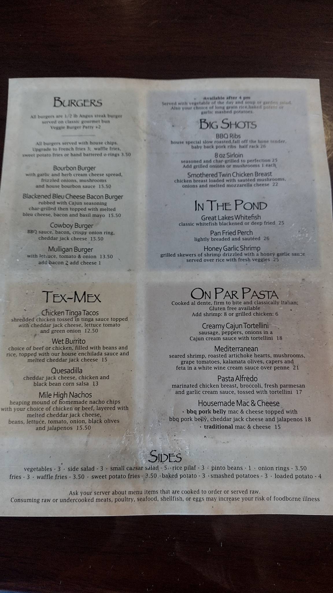 Menu at Mulligan's Restaurant, Cheboygan