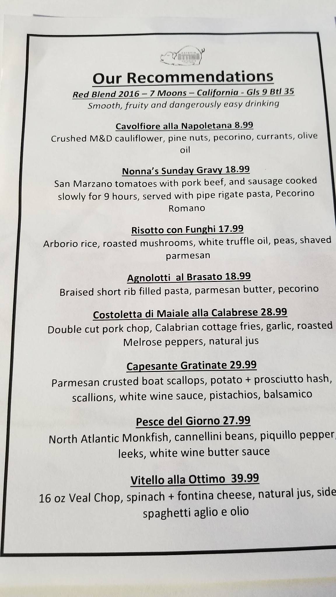 Menu at Ottimo restaurant, Orland Park