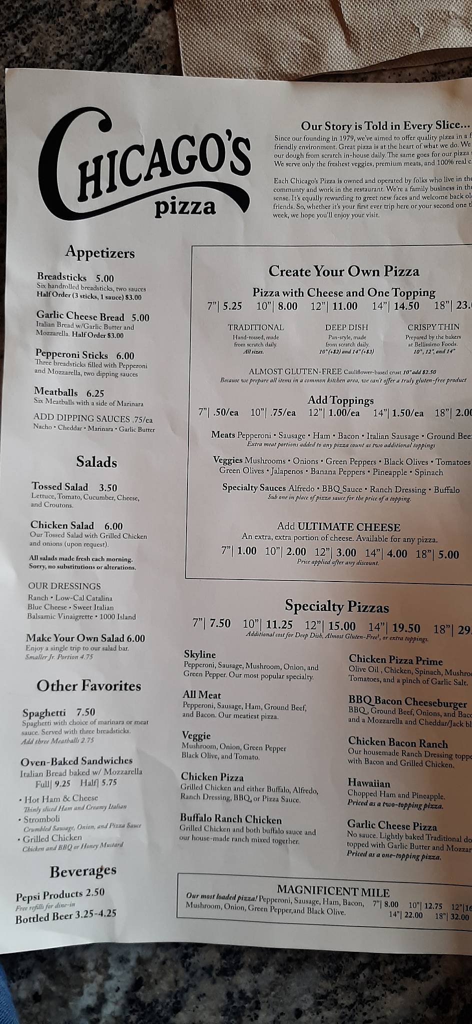 Menu at Chicago's Pizza restaurant, French Lick, IN-56
