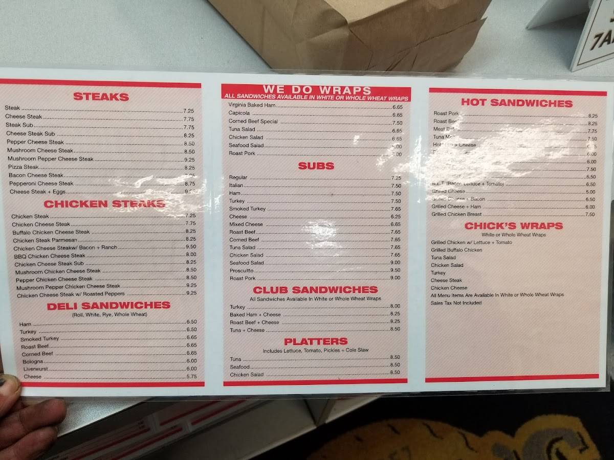 Menu at Chick's Deli restaurant, Cherry Hill