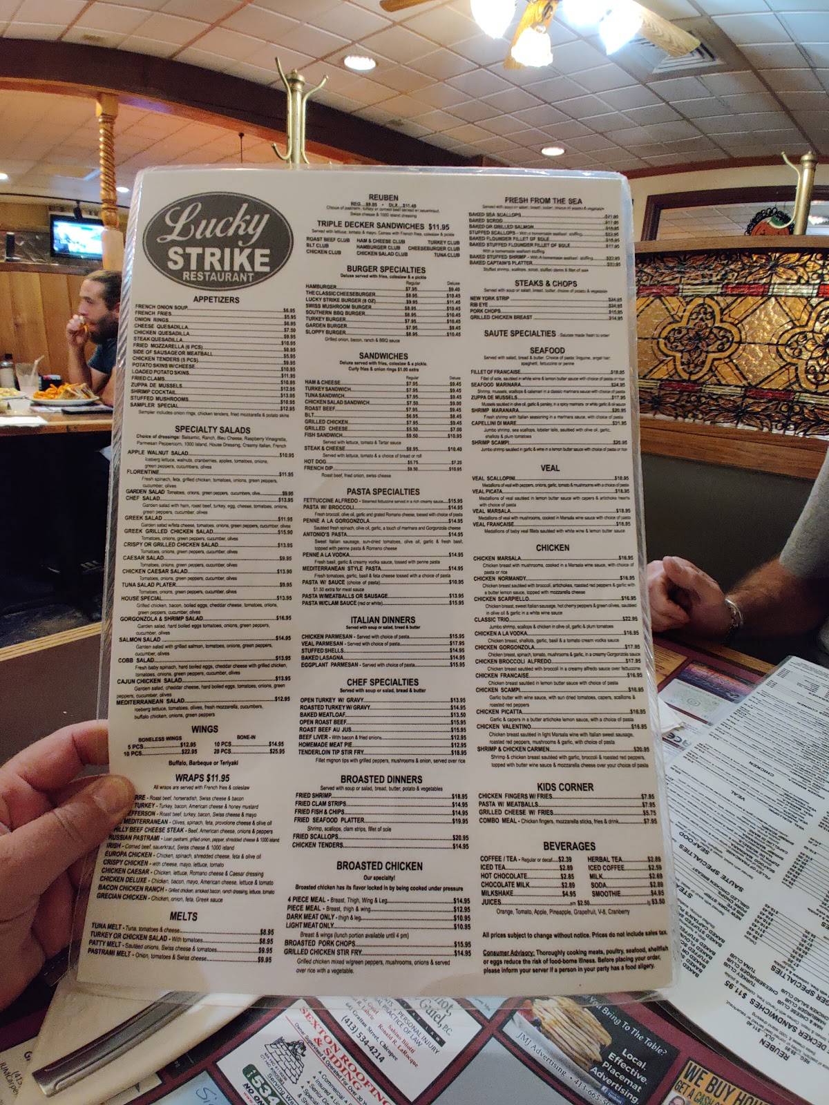 Menu at Lucky Strike Restaurant, Chicopee