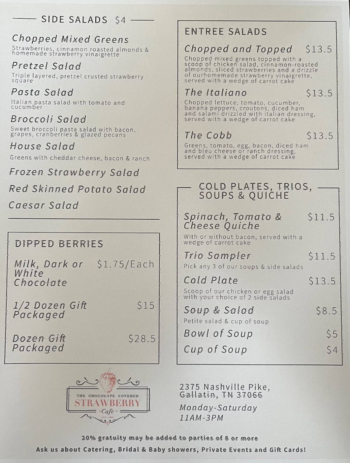 Menu at Chocolate Covered Strawberry cafe, Gallatin, Nashville Pike