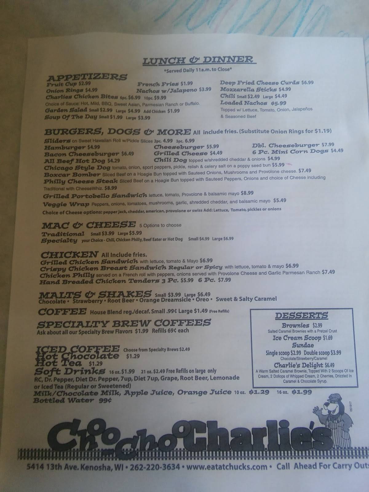 Menu at Choo-Choo Charlies Shriner Diner cafe, Kenosha
